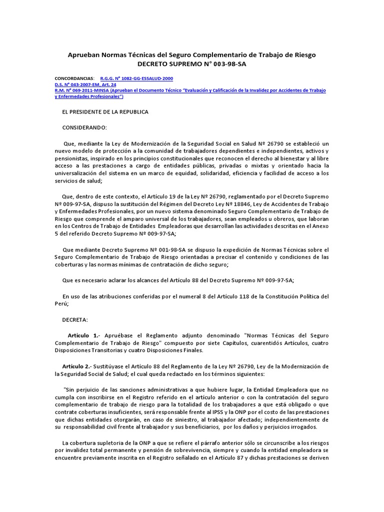 DS 003-98-Sa Normas Técnicas SCTR PDF | PDF | Seguro | Derecho laboral