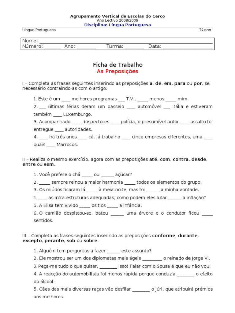 Atividades sobre Preposições para 7º Ano | PDF | Portugal