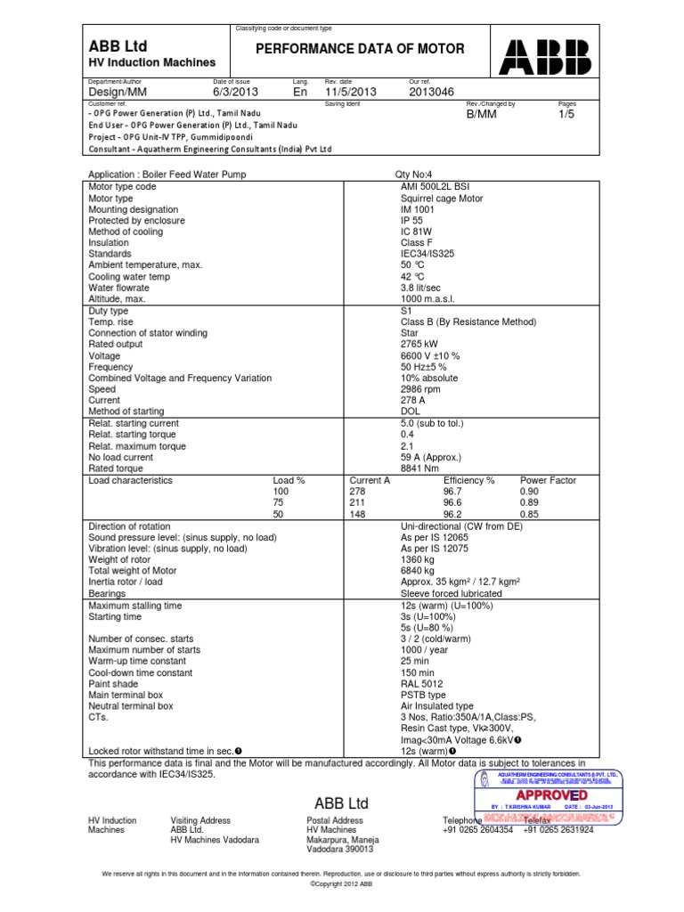 Abb HT Motor Data | PDF | Electricity | Physical Quantities