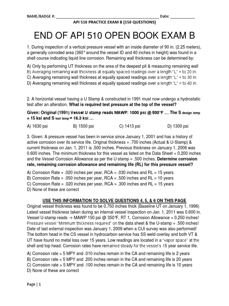API 510 Practice Exam B Questions and Answers | PDF | Nondestructive ...