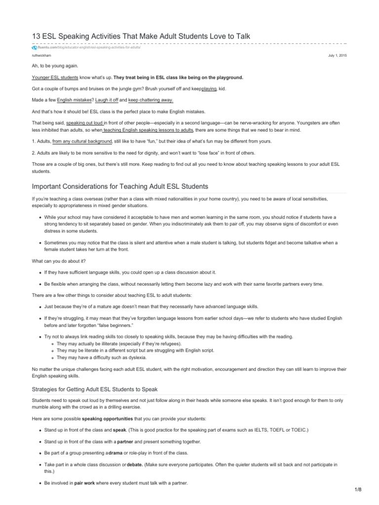 Engaging ESL Speaking Activities for Adults | PDF | English As A Second ...