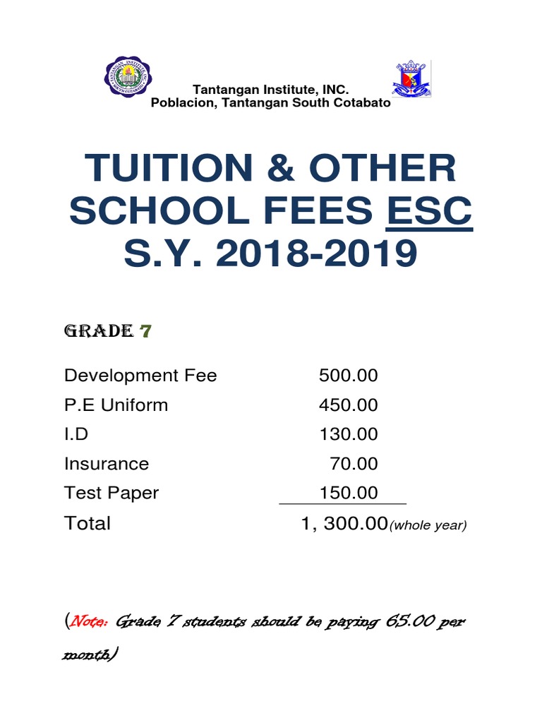 Tuition & Other School Fees Esc S.Y. 2018-2019: Grade | PDF