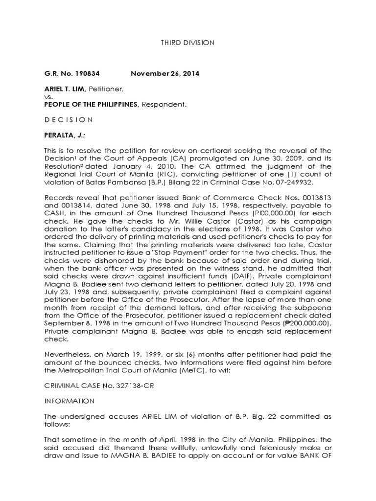 G.R. No. 190834 November 26, 2014 ARIEL T. LIM, Petitioner, People of ...