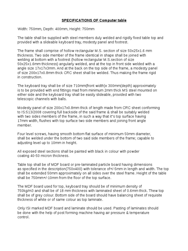 Computer Table-Chair Spec | PDF | Industrial Processes | Building ...