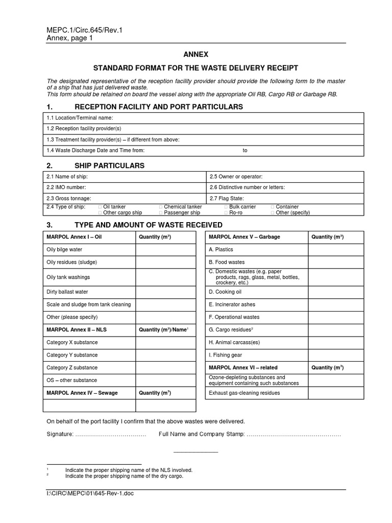 MEPC.1/Circ.645/Rev.1 waste delivery receipt | PDF | Water Transport ...