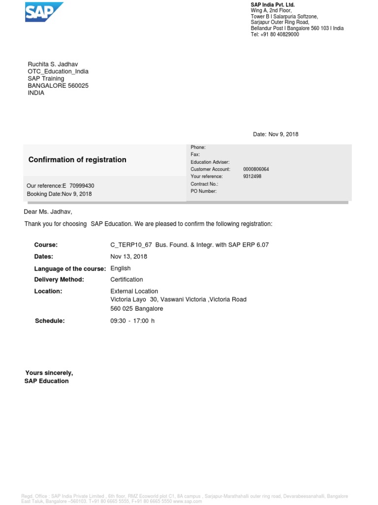 Confirmation of Registration: Date: Nov 9, 2018 | PDF | Business