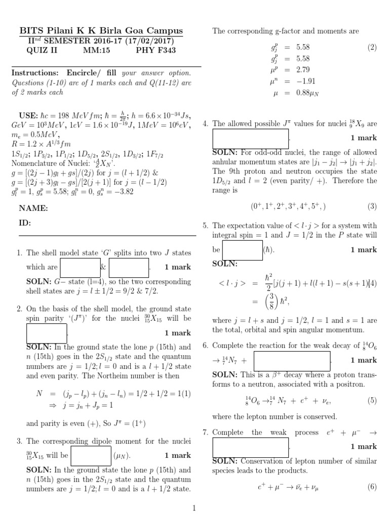 Quiz2 Soln PDF | PDF | Electronvolt | Nuclear Chemistry