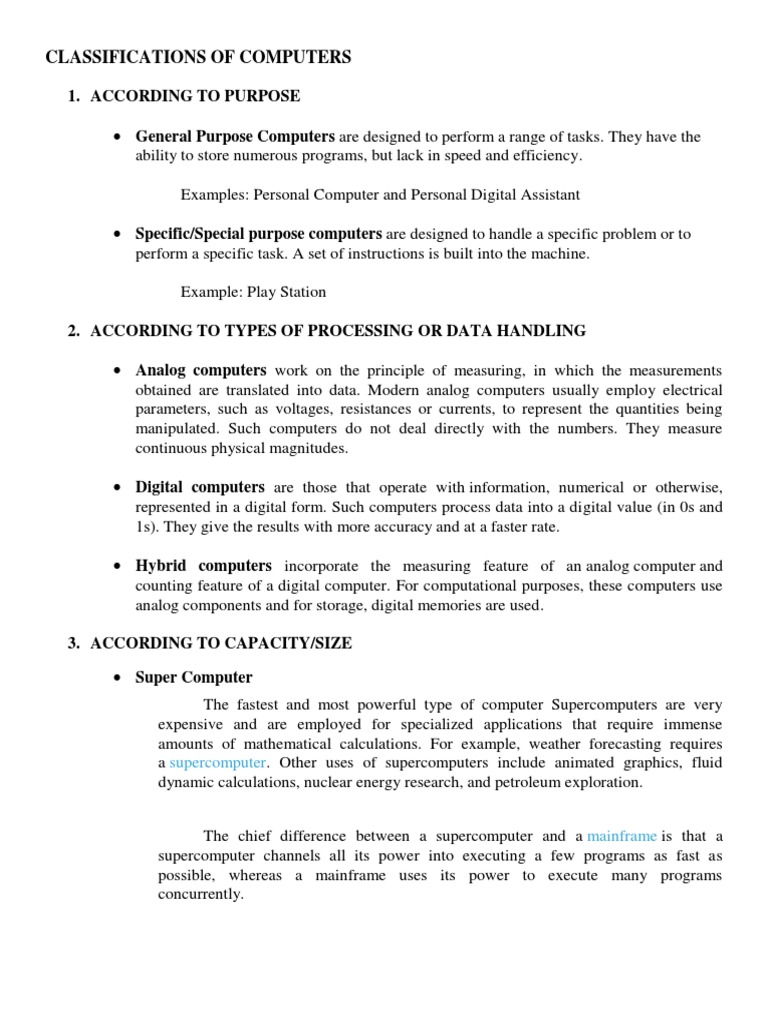 Classifications of Computers: 1. According To Purpose | PDF | Supercomputer | Mainframe Computer