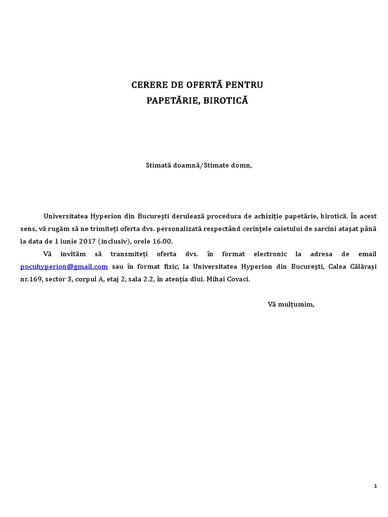 Cerere de Oferta Birotica Papetarie Cu Pret | PDF