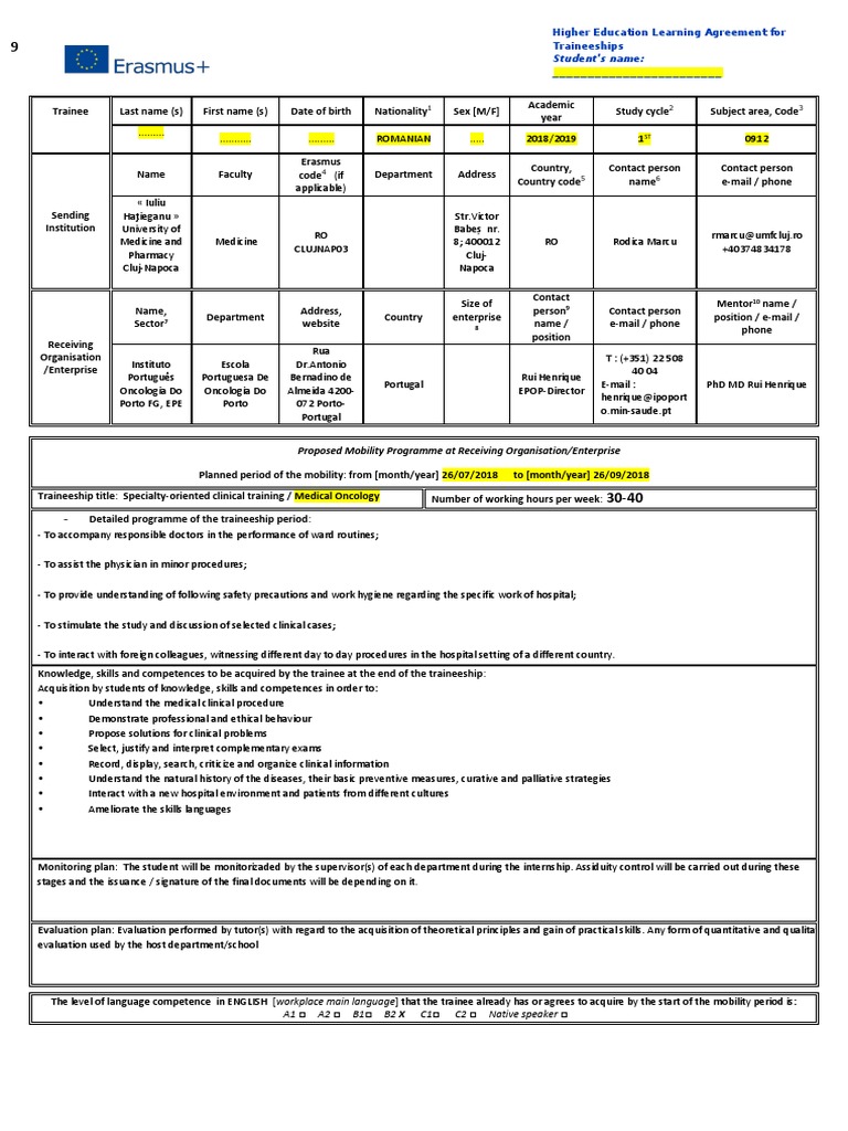 Learning Agreement Template - 2019 | PDF | Higher Education | Evaluation
