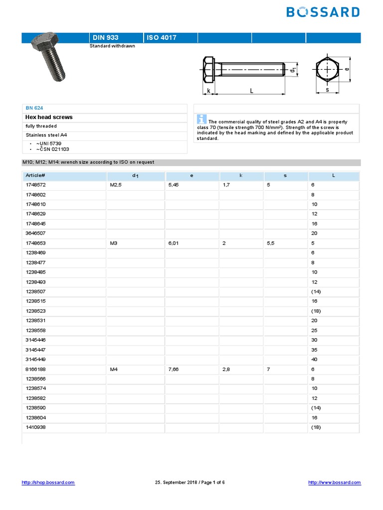 DIN 933 ISO 4017: Hex Head Screws | PDF | Screw
