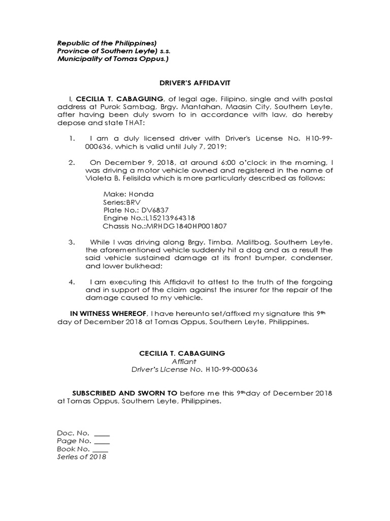 Affidavit of Own Damage To Vehicle Template | PDF