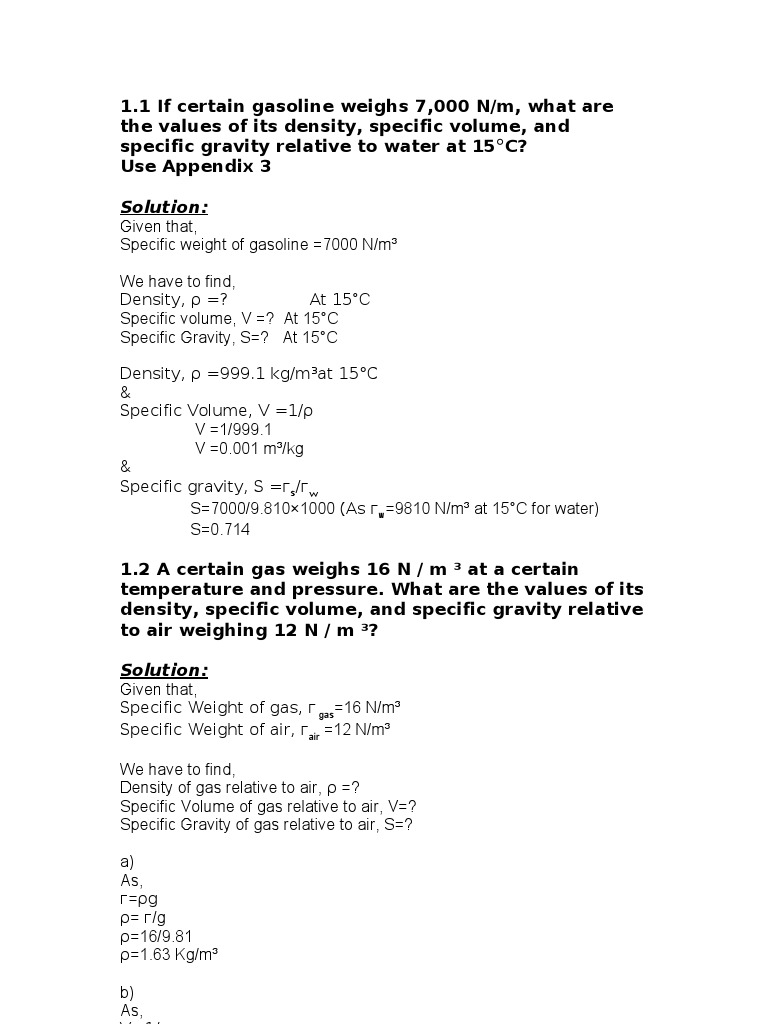 Fluid Mechanics Numericals | PDF | Density | Gases