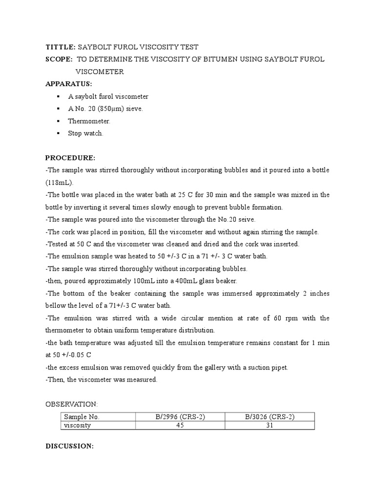 Tittle: Saybolt Furol Viscosity Test Scope: To Determine The Viscosity ...