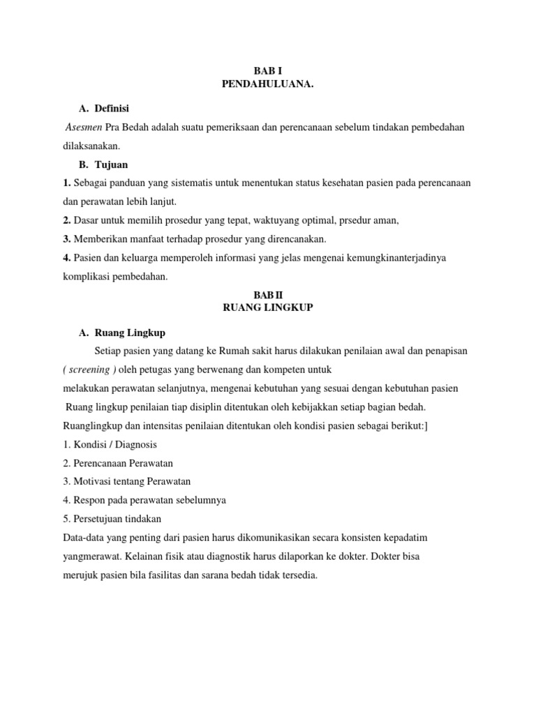 Panduan Assesment Pra Bedah | PDF