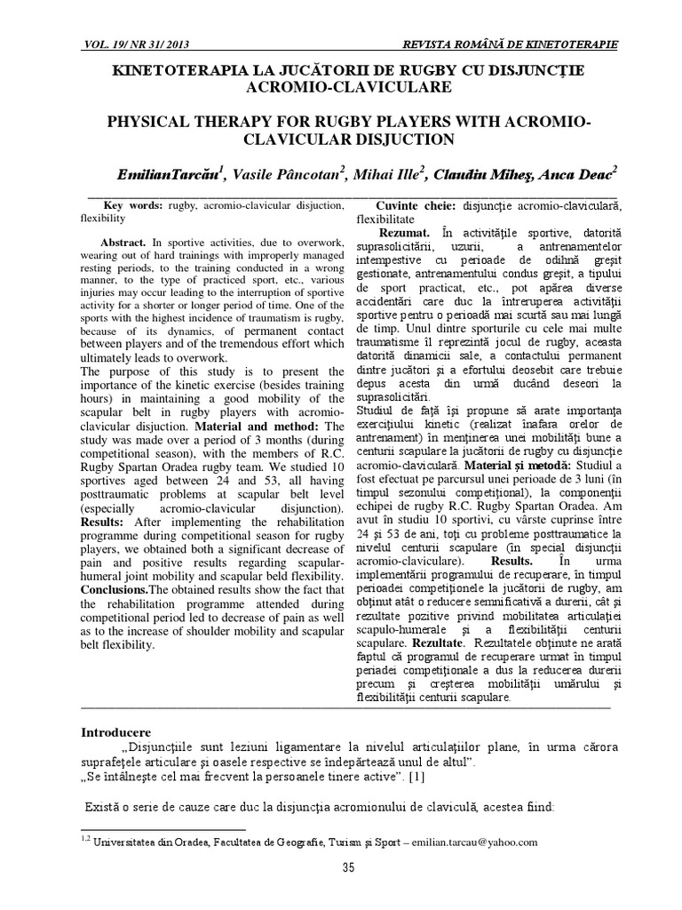 Physical Therapy For Rugby Players With Acromioclavicular Disjuction | PDF