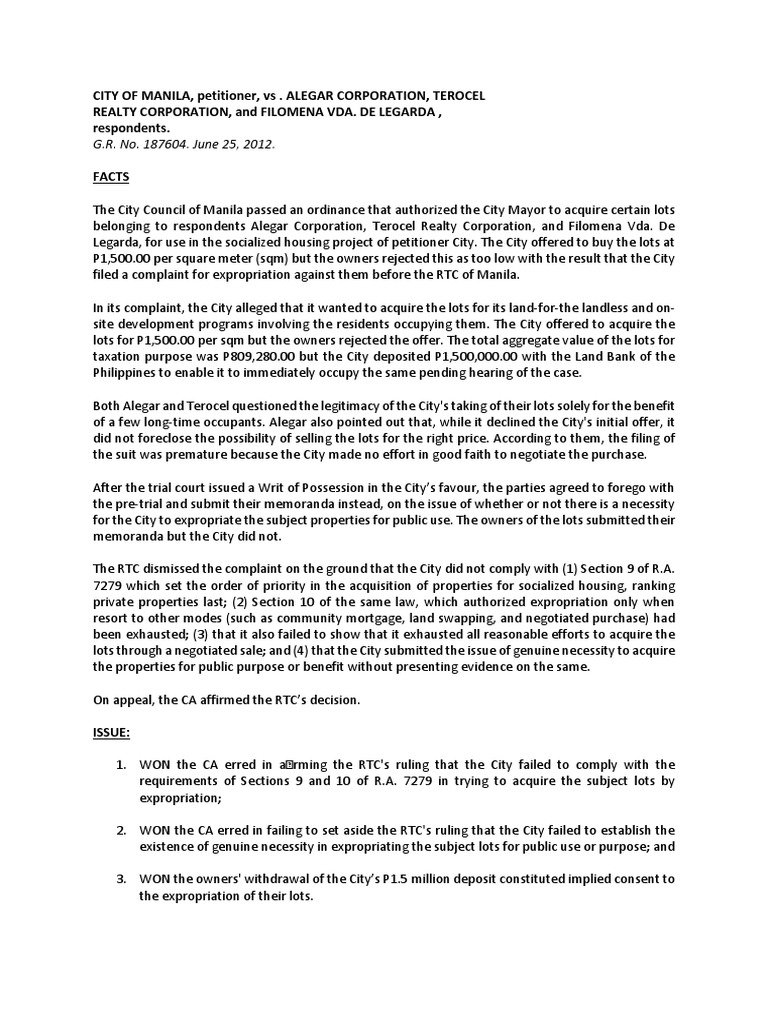 Manila Expropriation Case Ruling | PDF | Eminent Domain | Indemnity