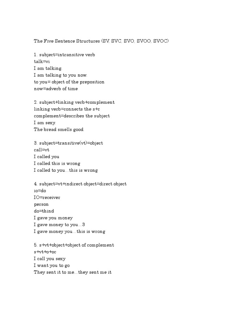 The Five Sentence Structures SV SVC SVO SVOO SVOC PDF | PDF | Language ...
