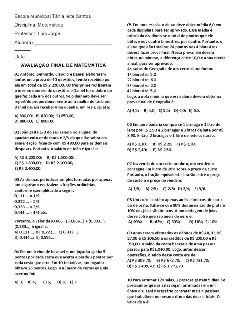 Prova Final De Matemática Pdf Salário Ensino De Matemática 8988