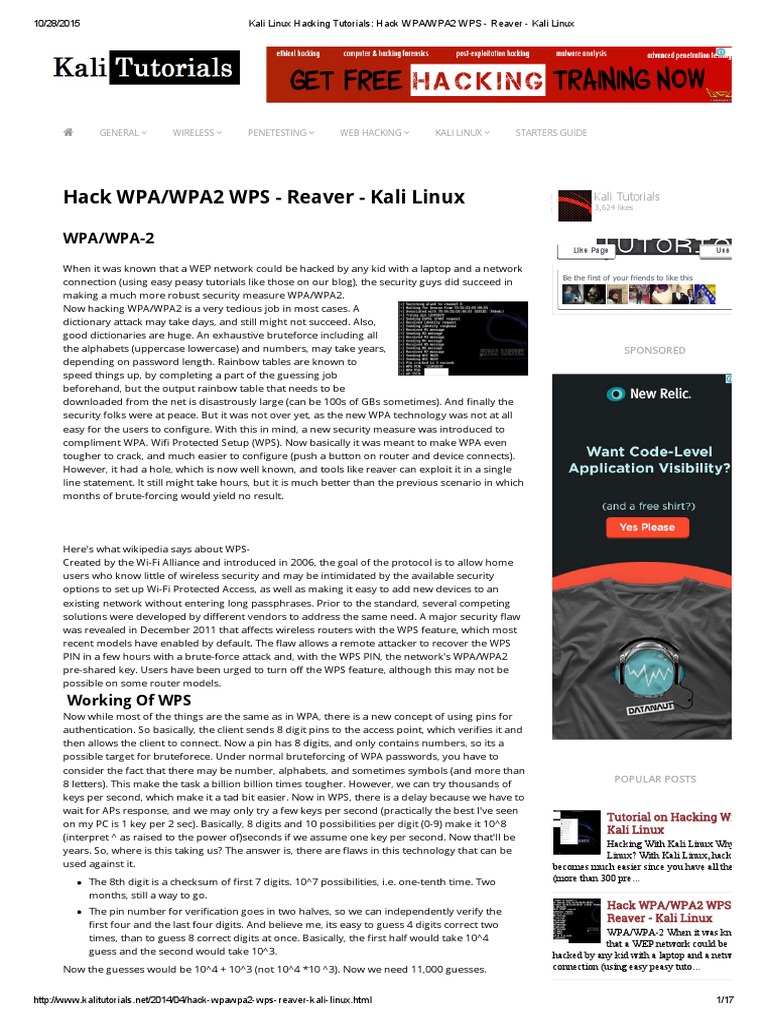 Kali Linux Hacking Tutorials Hack WPA WPA2 WPS Reaver Kali Linux PDF ...