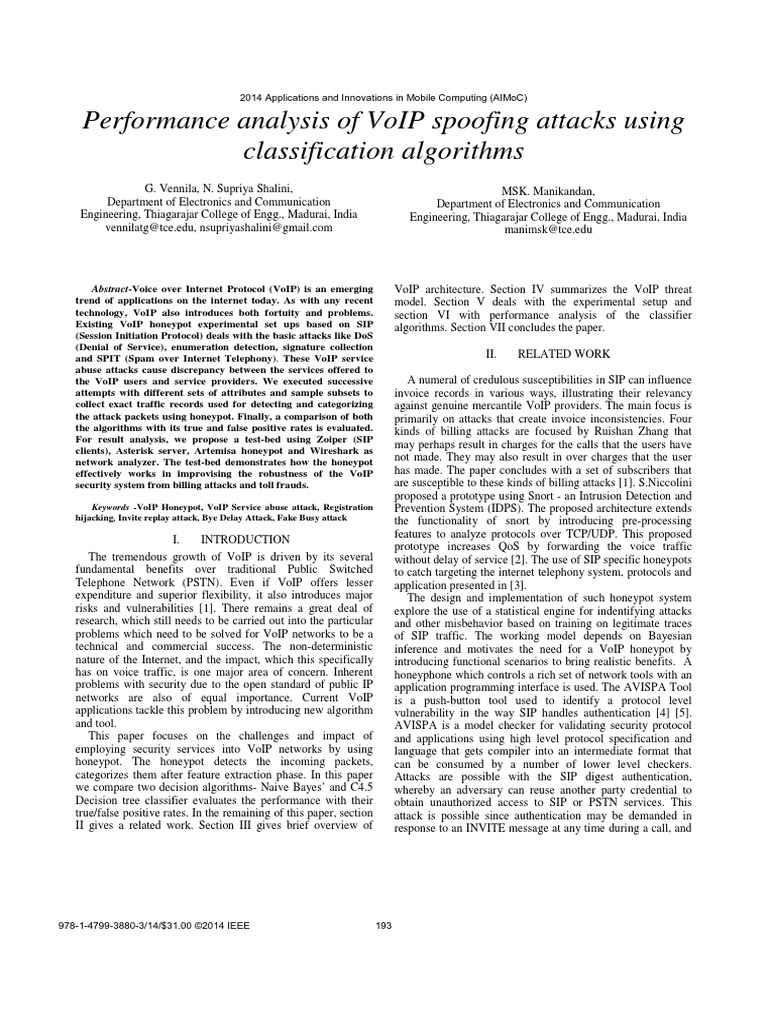 Performance Analysis of Voip Spoofing Attacks Using Classification Algorithms | Download Free ...