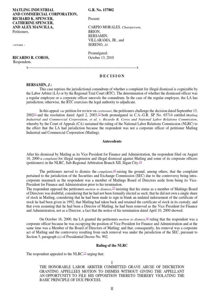 Matling Industrial and Commercial Corporation, Richard K. Spencer ...