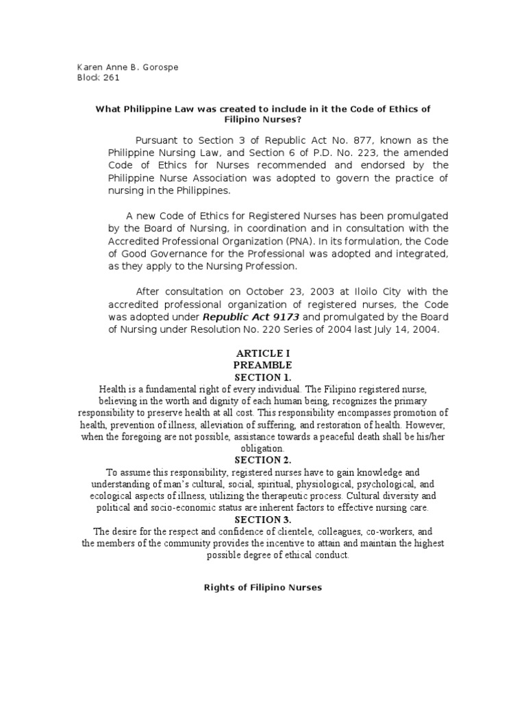 What Philippine Law Was Created To Include in It The Code of Ethics of ...
