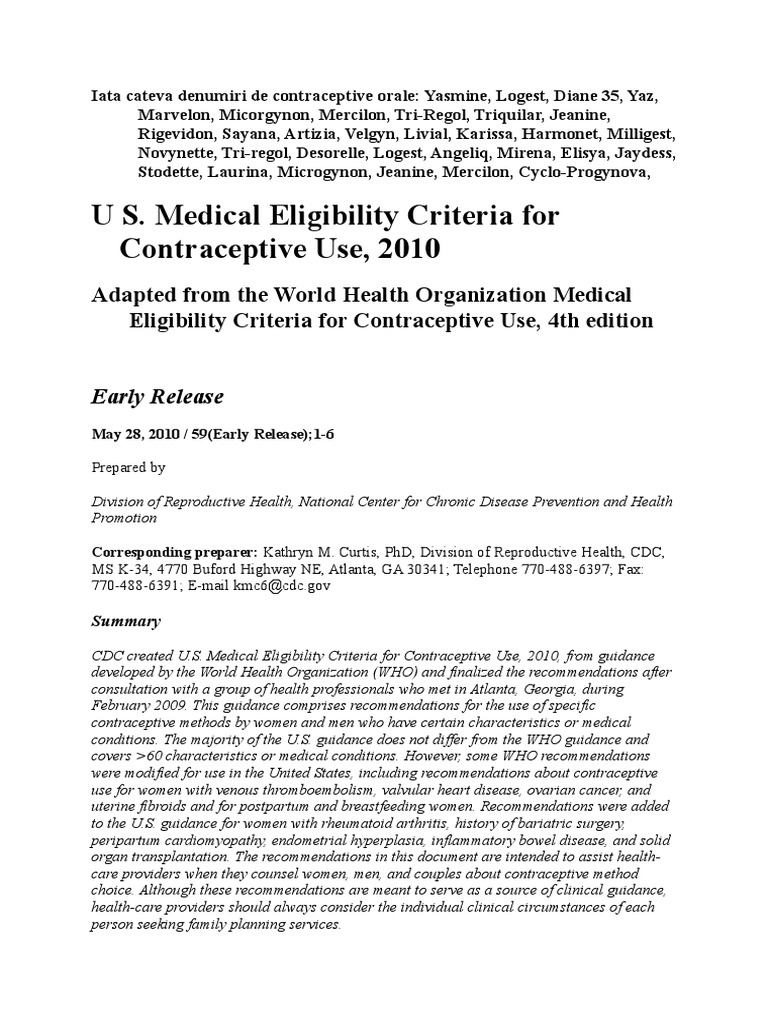 U S. Medical Eligibility Criteria For Contraceptive Use, 2010 ...