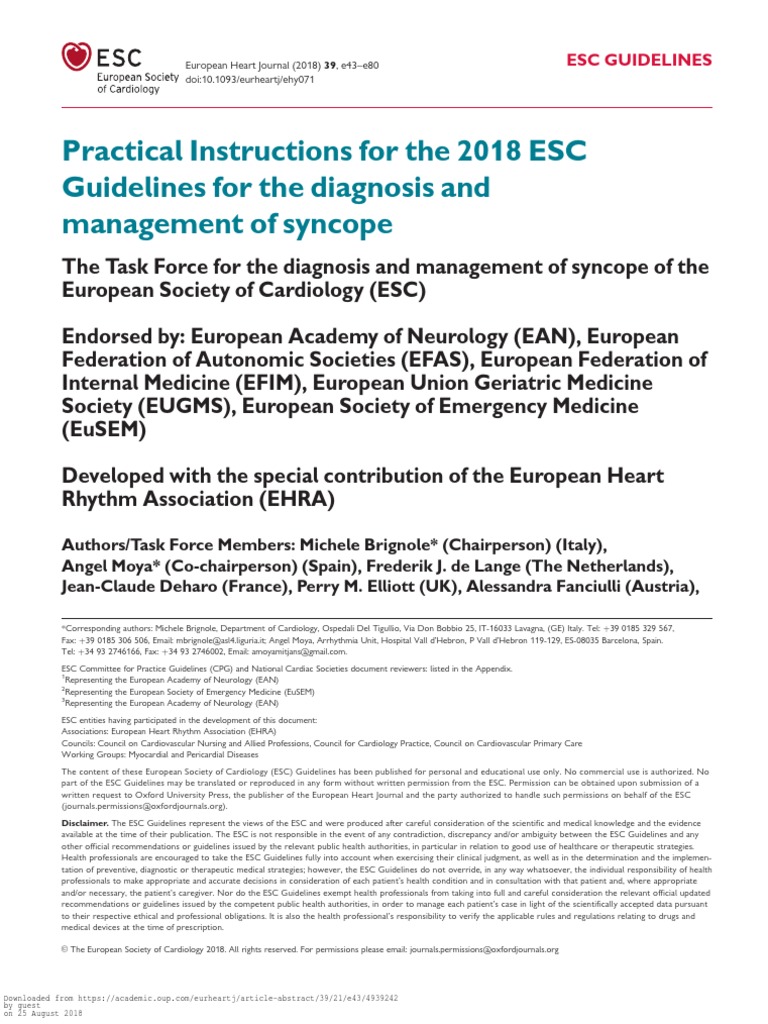 Guideline ESC of Syncope 2018 | PDF | Epilepsy | Cardiovascular System
