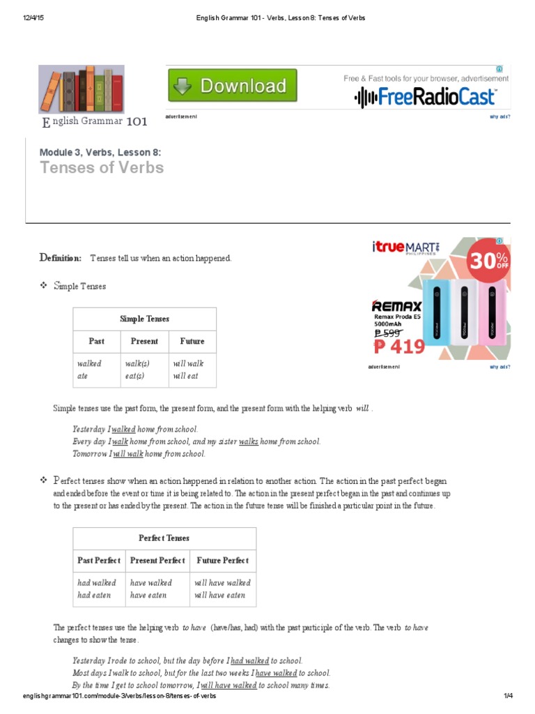 English Grammar 101 - Verbs, Lesson 8 - Tenses of Verbs | PDF | Perfect ...