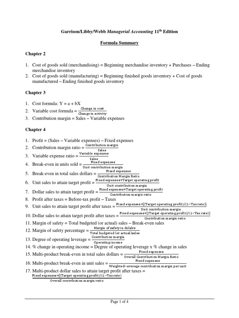 Key Accounting Formulas and Concepts for Managerial Decision Making: A ...