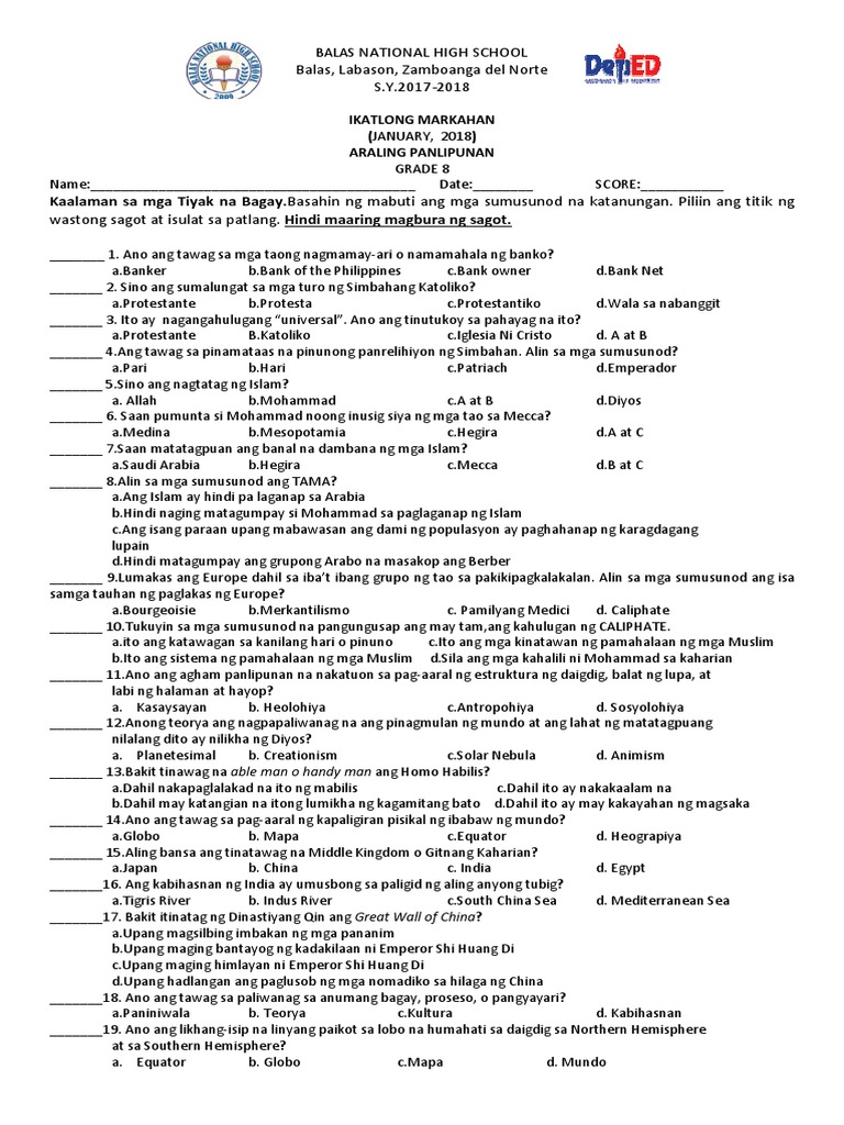 AP 8 3rd Grading Exam WITH ANSWER KEY-done | PDF