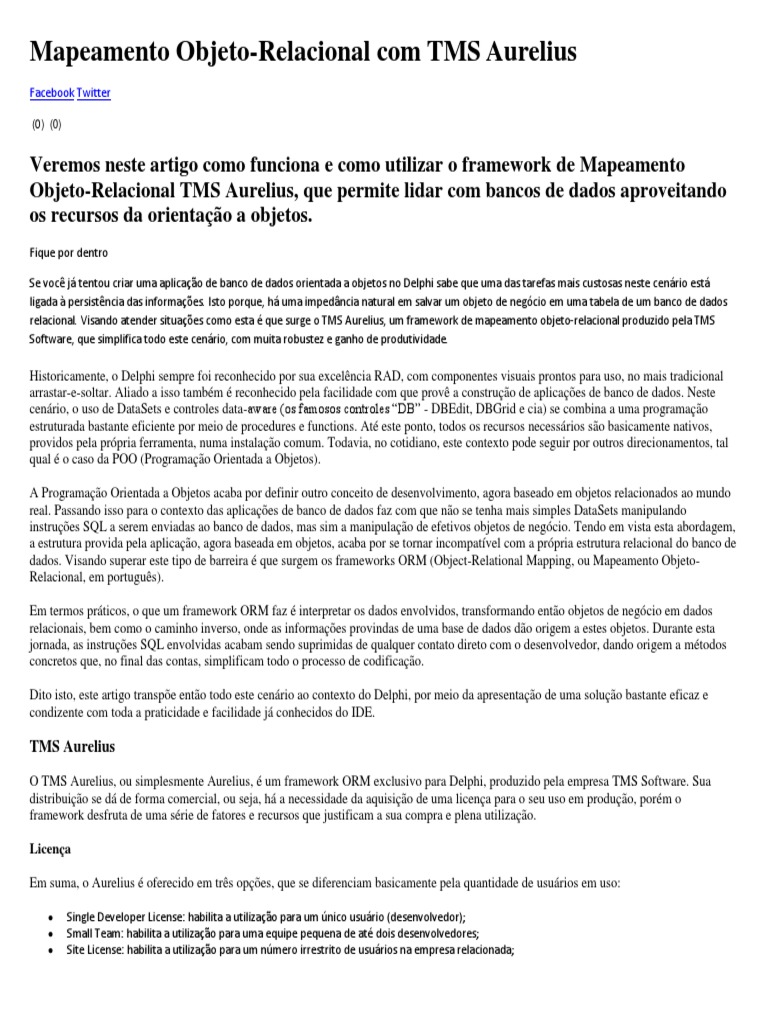 Mapeamento Objeto-Relacional Com TMS Aurelius | PDF | Framework de software | Bancos de dados