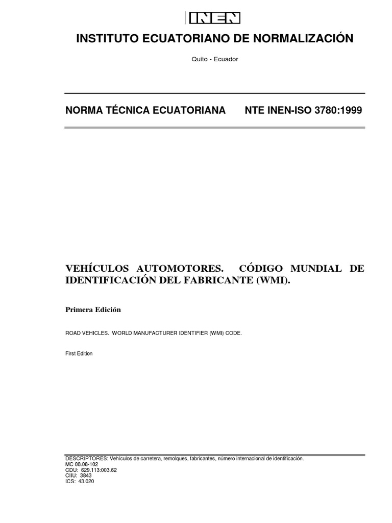 ISO 3780 Vehiculos Automotores Codigo Mundial de Identificacion Del ...