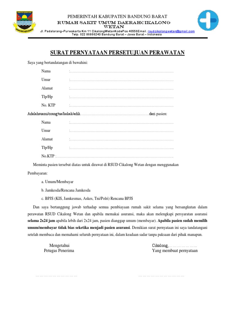 Surat Pernyataan Persetujuan Perawatan | PDF