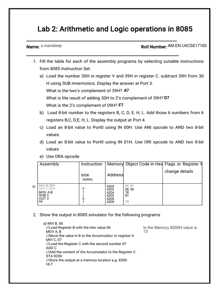 Arithmetic and logic operations in 8085 using assembly language | PDF