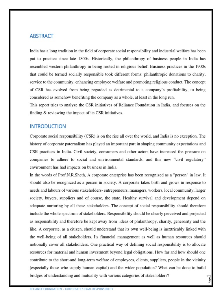 CSR of Reliance Industries PDF | PDF | Corporate Social Responsibility ...