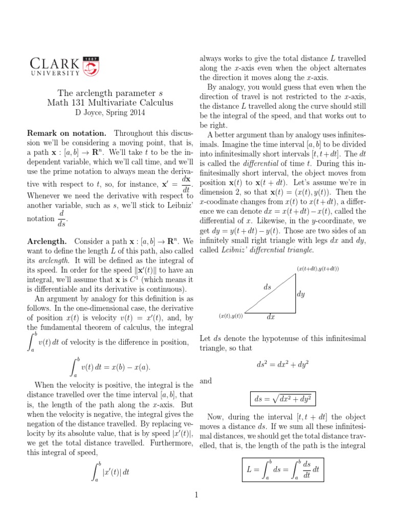 The Arclength Parameter S Math 131 Multivariate Calculus | PDF | Integral | Derivative