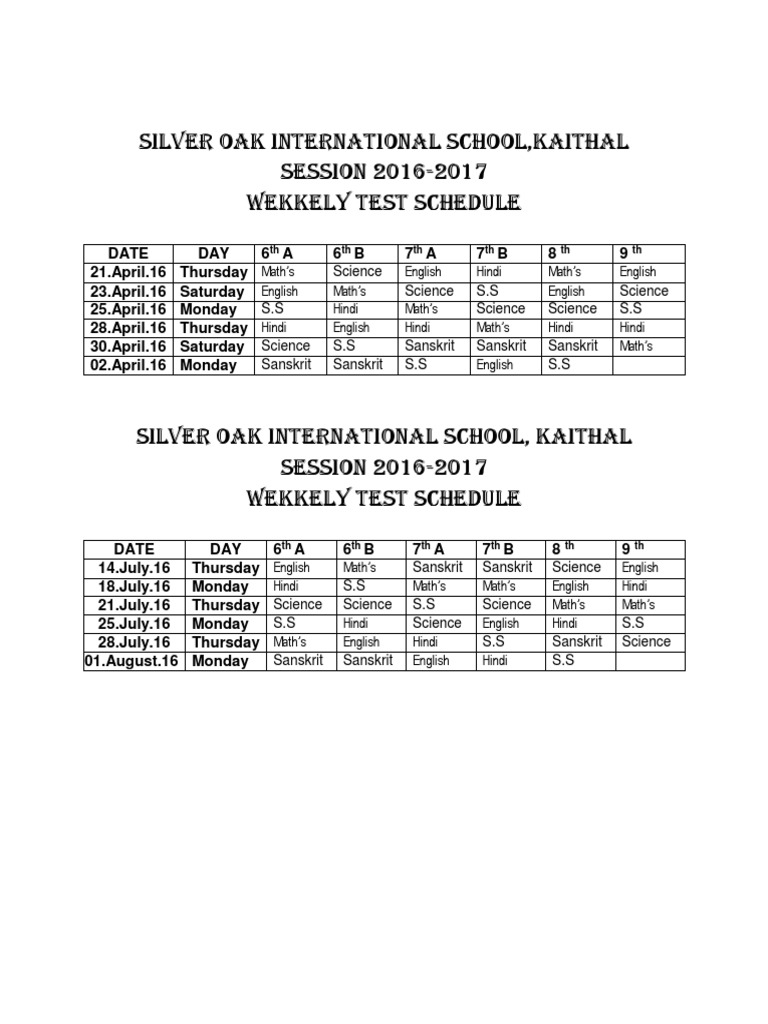 Weekly Test Schedule and Date Sheets for First and Second Term ...