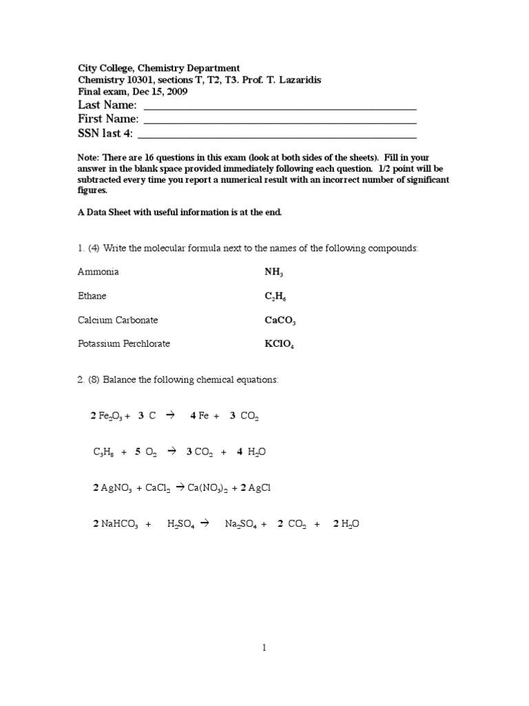 Chemistry 103 Final Exam Review | PDF