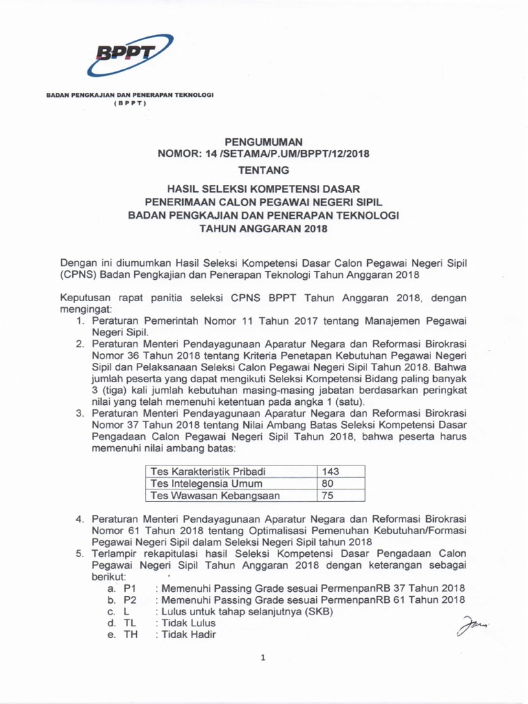 Pengumuman SKD CPNS BPPT Th. 2018 PDF | PDF