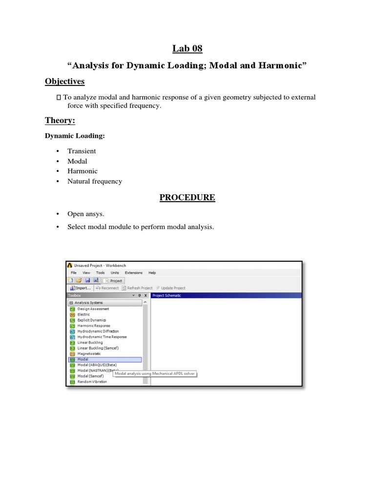 Lab 08 "Analysis For Dynamic Loading Modal and Harmonic": Objectives | PDF