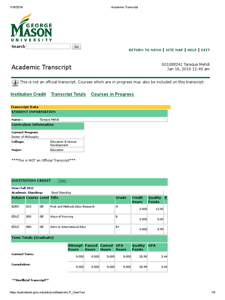 2. Academic Transcript (Unofficial) | Evaluation | Educational ...