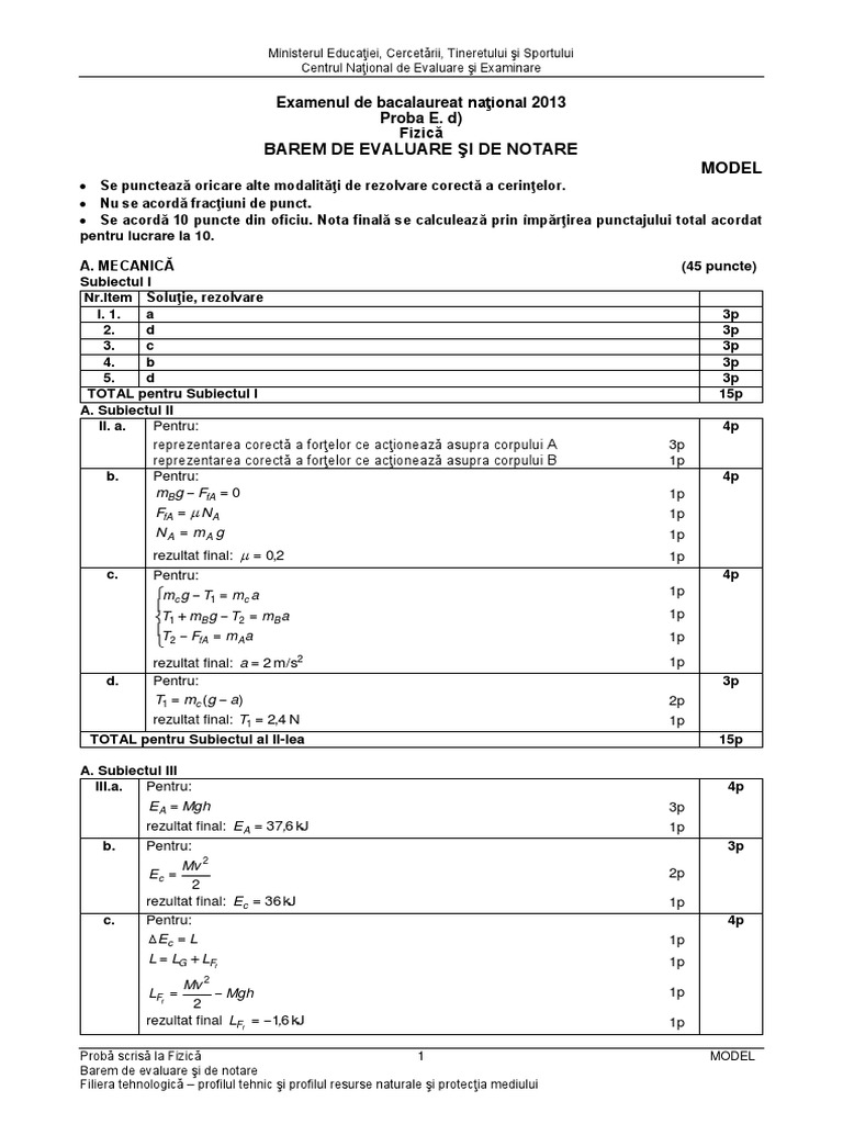 Modele de Subiecte Bacalaureat 2013 Proba Ed Scrisa Fizica Tehnologic Barem | PDF