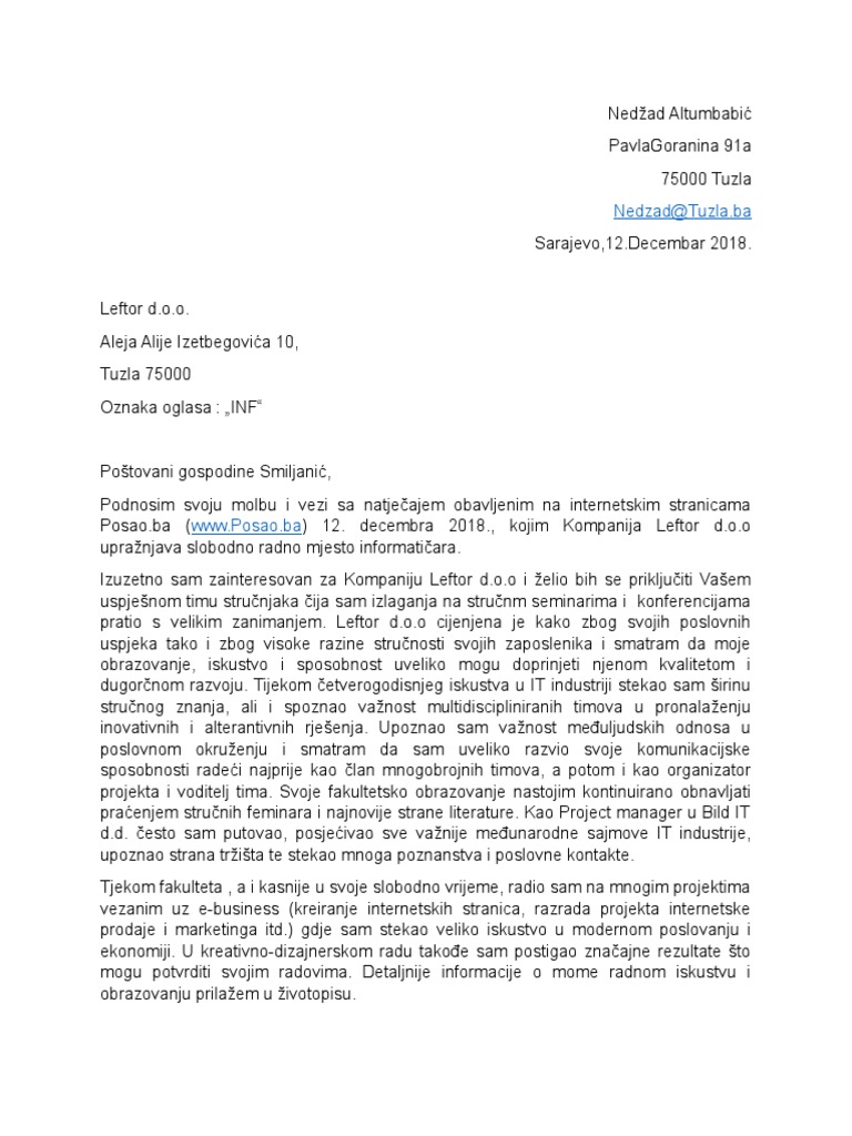 Molba Za Posao | PDF