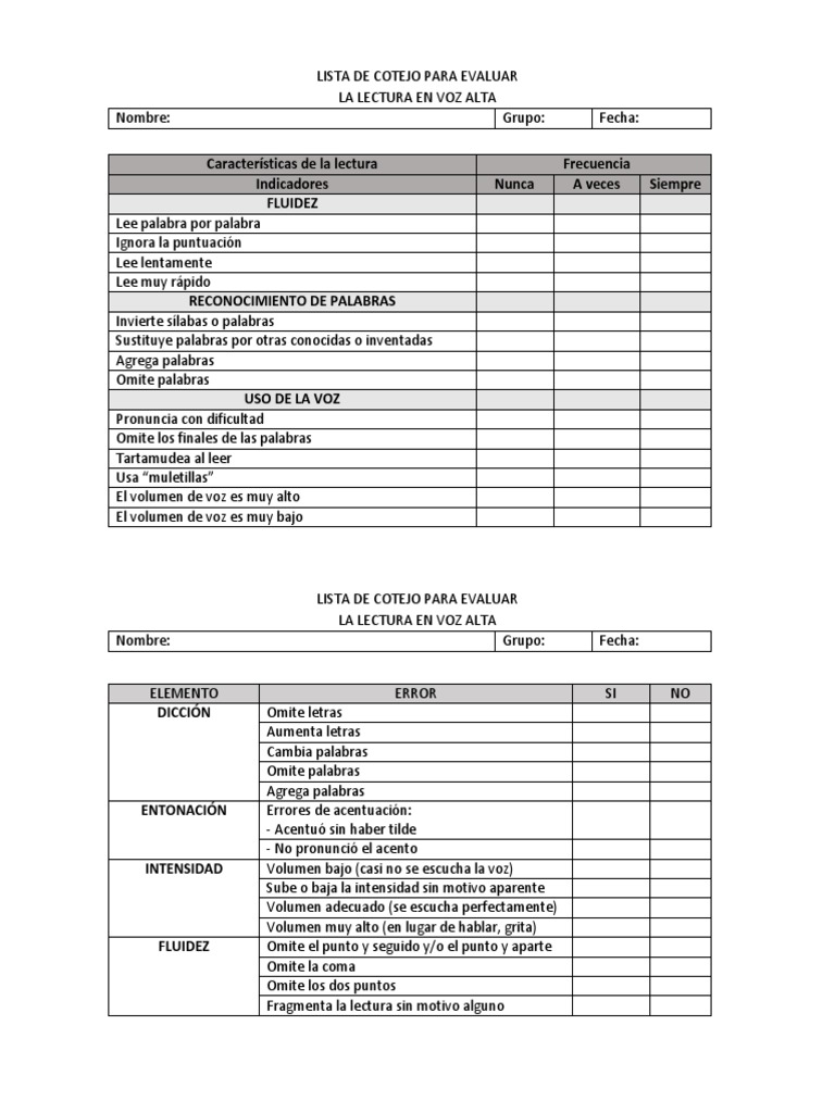 Lista de Cotejo para Lectura en Voz Alta | PDF | Palabra | Comunicación ...