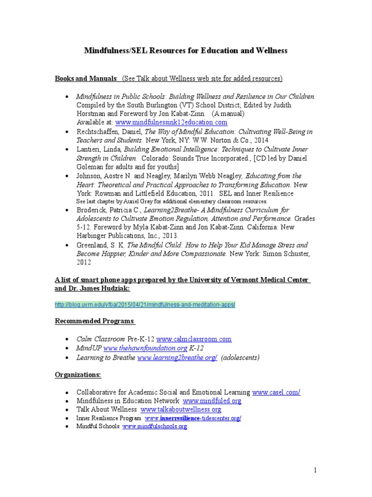 Mindfulness/SEL Resources For Education and Wellness | PDF ...