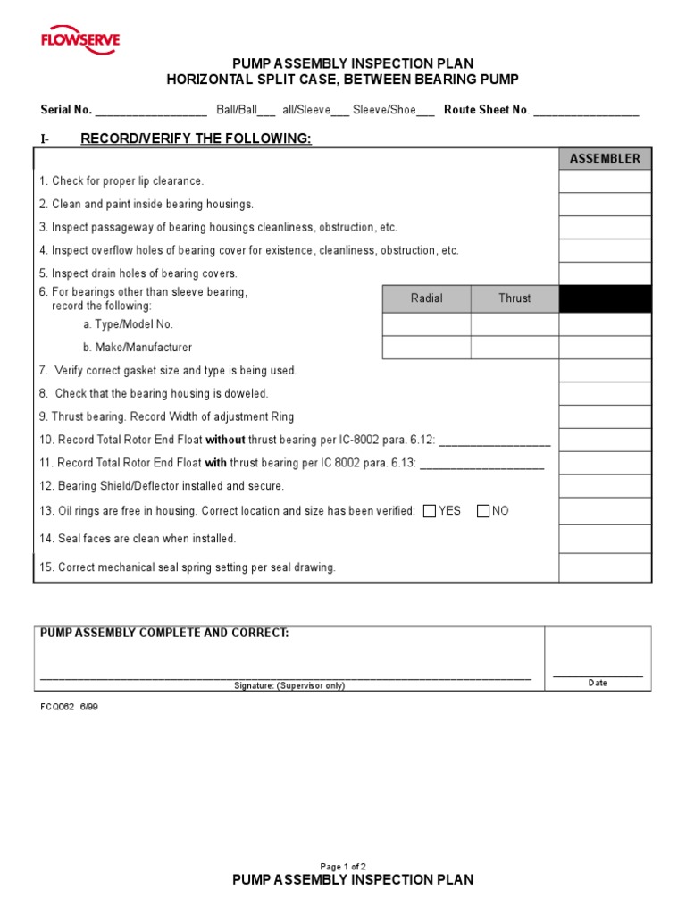 Pump Assembly Inspection Plan Horizontal Split Case, Between Bearing ...