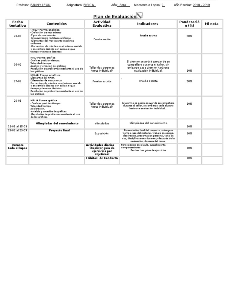 Plan de Evaluación Fisica 3er Año. 2do Lapso | PDF | Modificación de comportamiento | Cognición