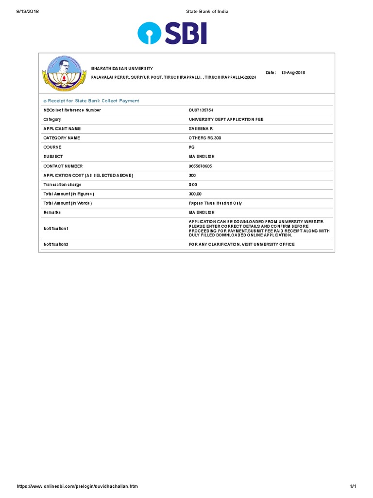 E-Receipt For State Bank Collect Payment | PDF